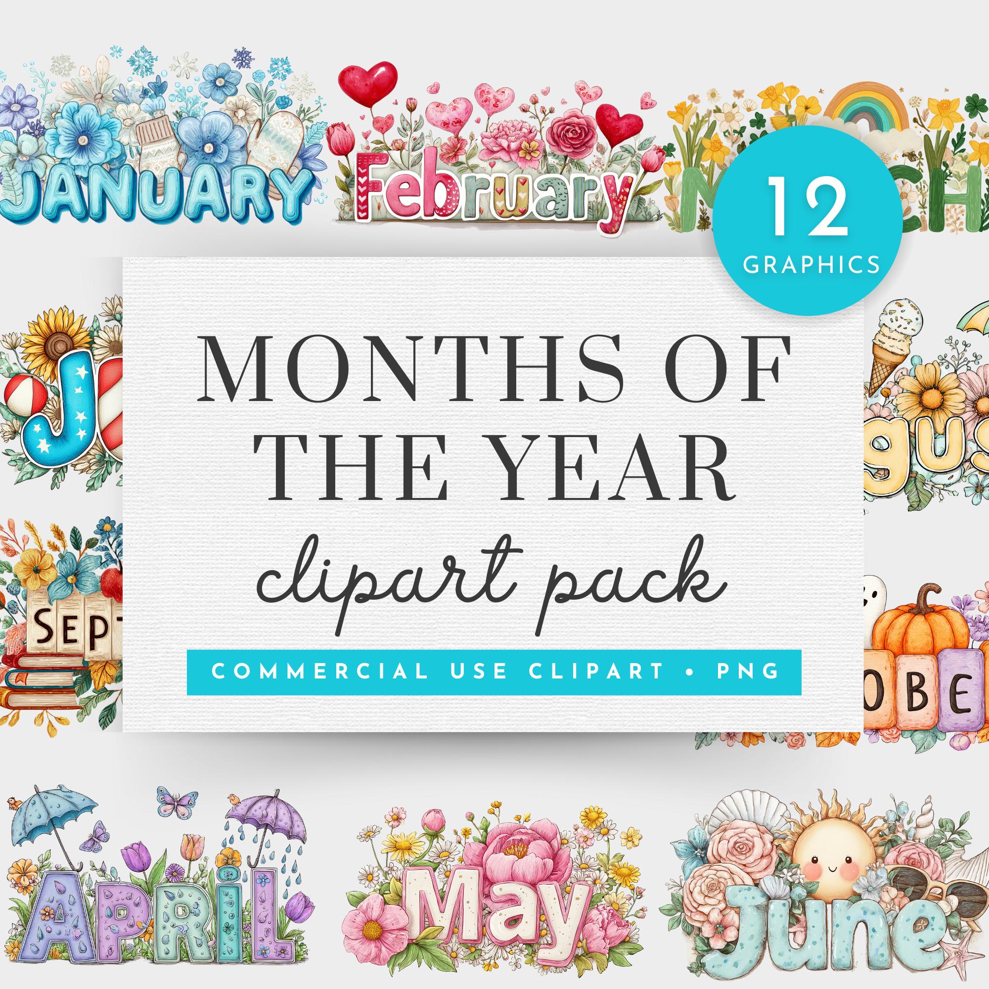 Months of the Year Clipart, Calendar PNG Bundle for Seasonal Planners ...