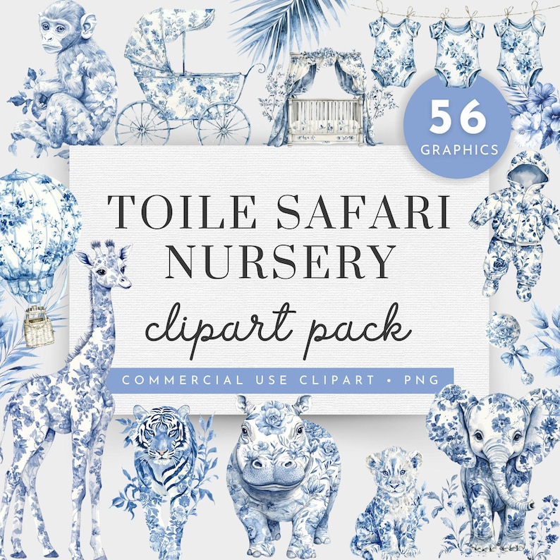 Blue Toile Safari Nursery Clipart, Chinoiserie Toile De Jouy, Safari ...
