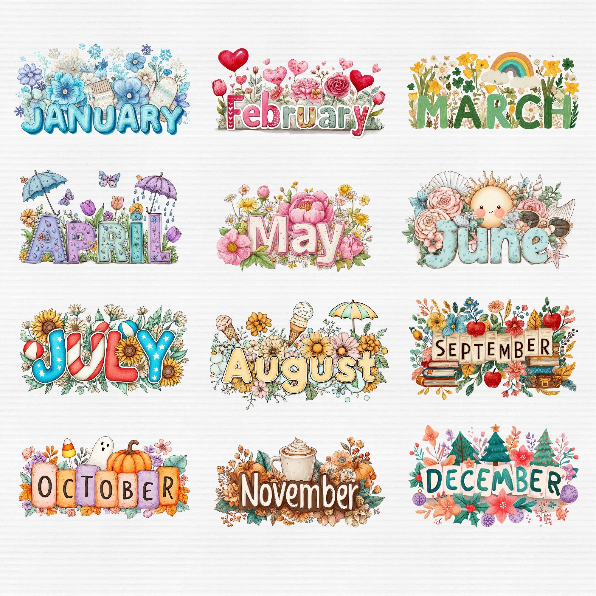 Months of the Year Clipart, Calendar PNG Bundle for Seasonal Planners ...