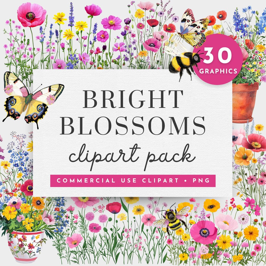 Boho Watercolor Summer Wild Flowers Clipart Bouquet, Row of Flowers ...