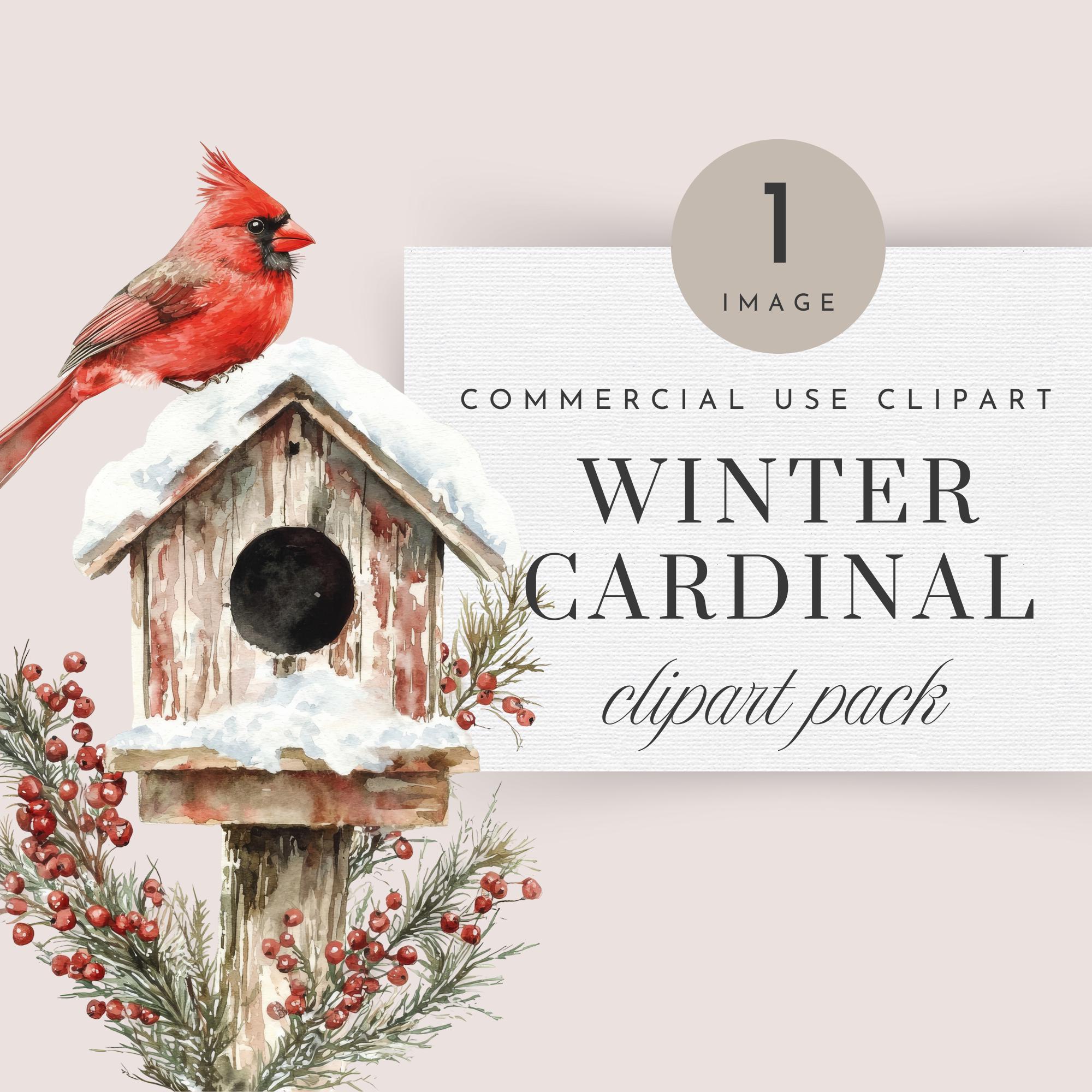 Red Cardinal Bird Clipart, Winter Birdhouse Clipart, Watercolor Clipart ...