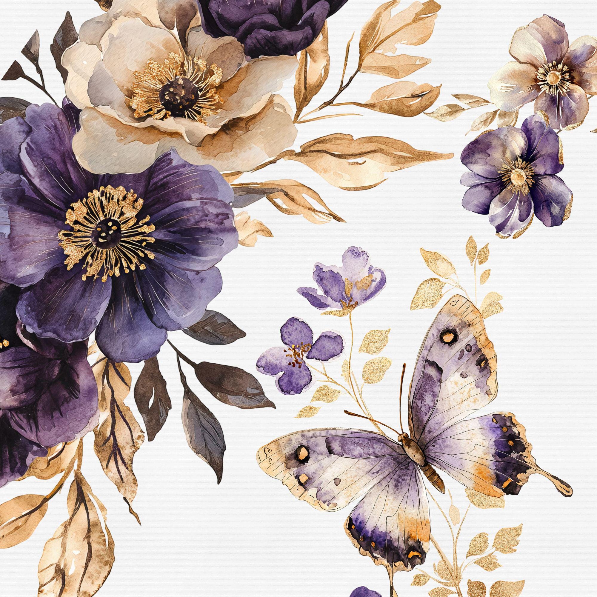 Dark Purple Flowers Clipart, Purple and Gold Florals for Commercial Use ...