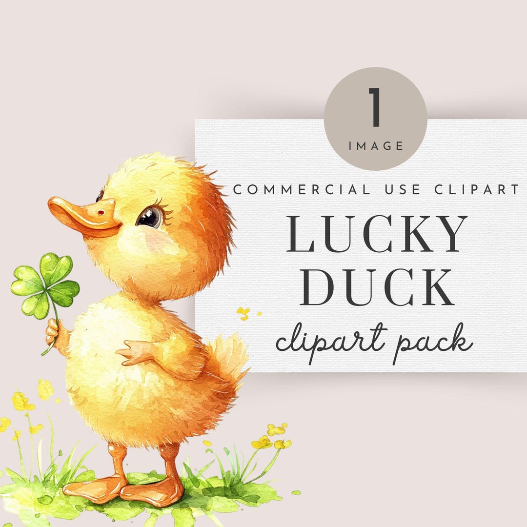 Lucky Duck Clipart, Yellow Duck Clipart, Whimsical Duck Clipart, One ...
