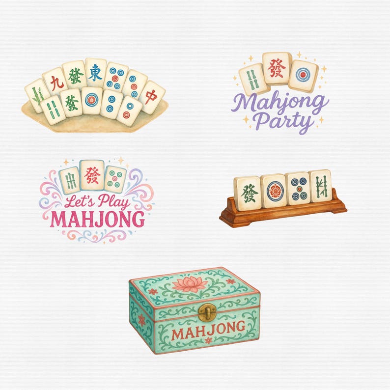 Mahjong Party Watercolor Clipart, Mahjong Party Clipart, Mahjong Tile ...