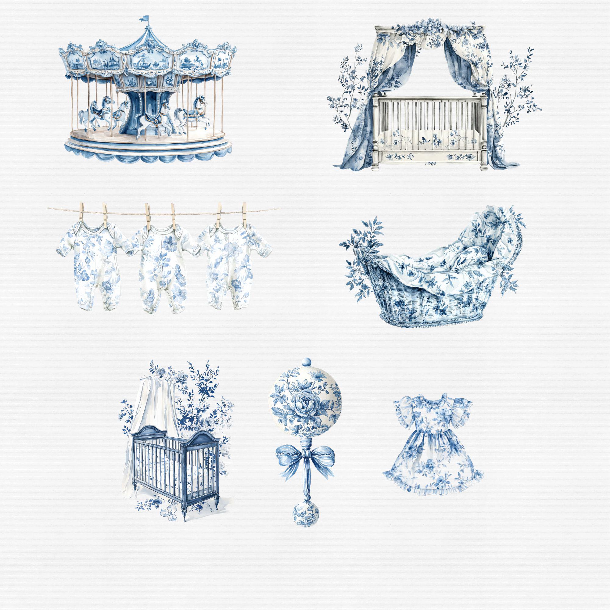 Toile Baby Shower Clipart, Baby Blue Toile Clipart, Toile De Jouy Baby ...