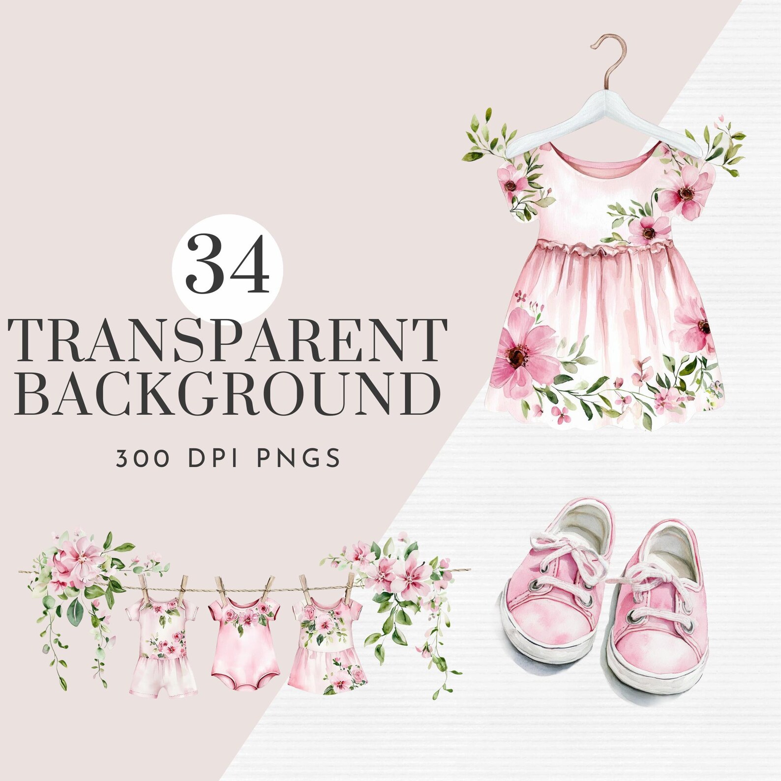 Pink Baby in Bloom Clipart, Clothes Line Baby Shower Clipart, Pink Baby ...
