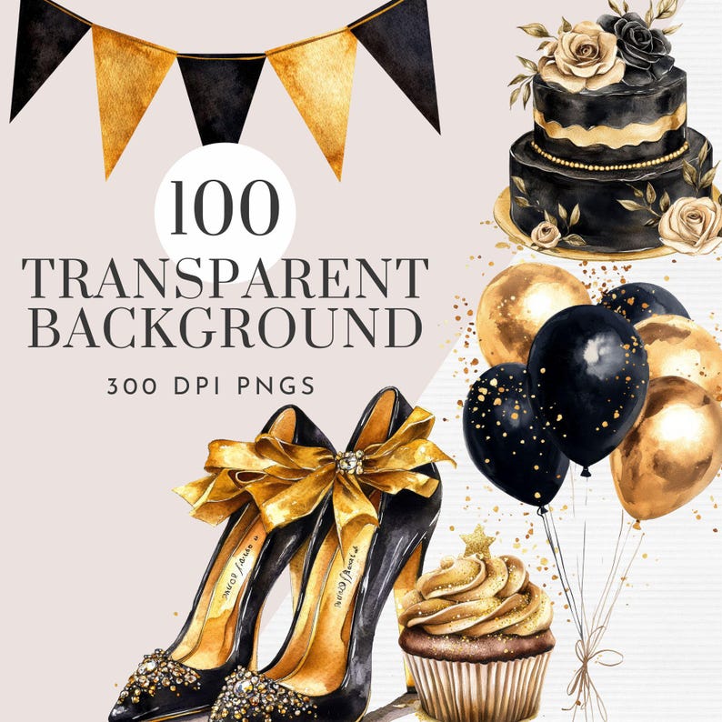 Happy New Year Clipart Black and Gold 2025, New Year's Eve Party Clip ...