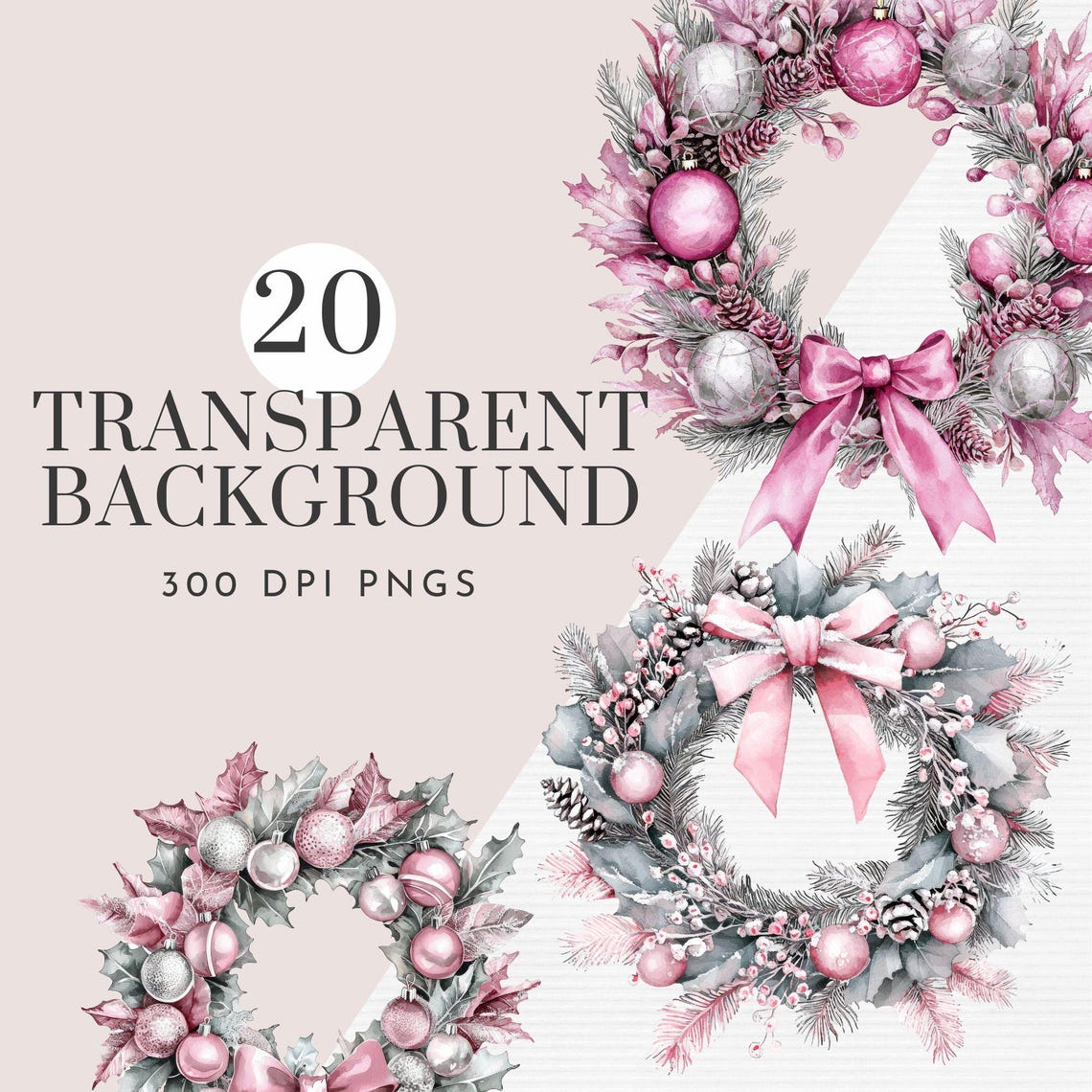 Preppy Pink Christmas Wreath Clipart, Coquette Pink Christmas PNG for ...