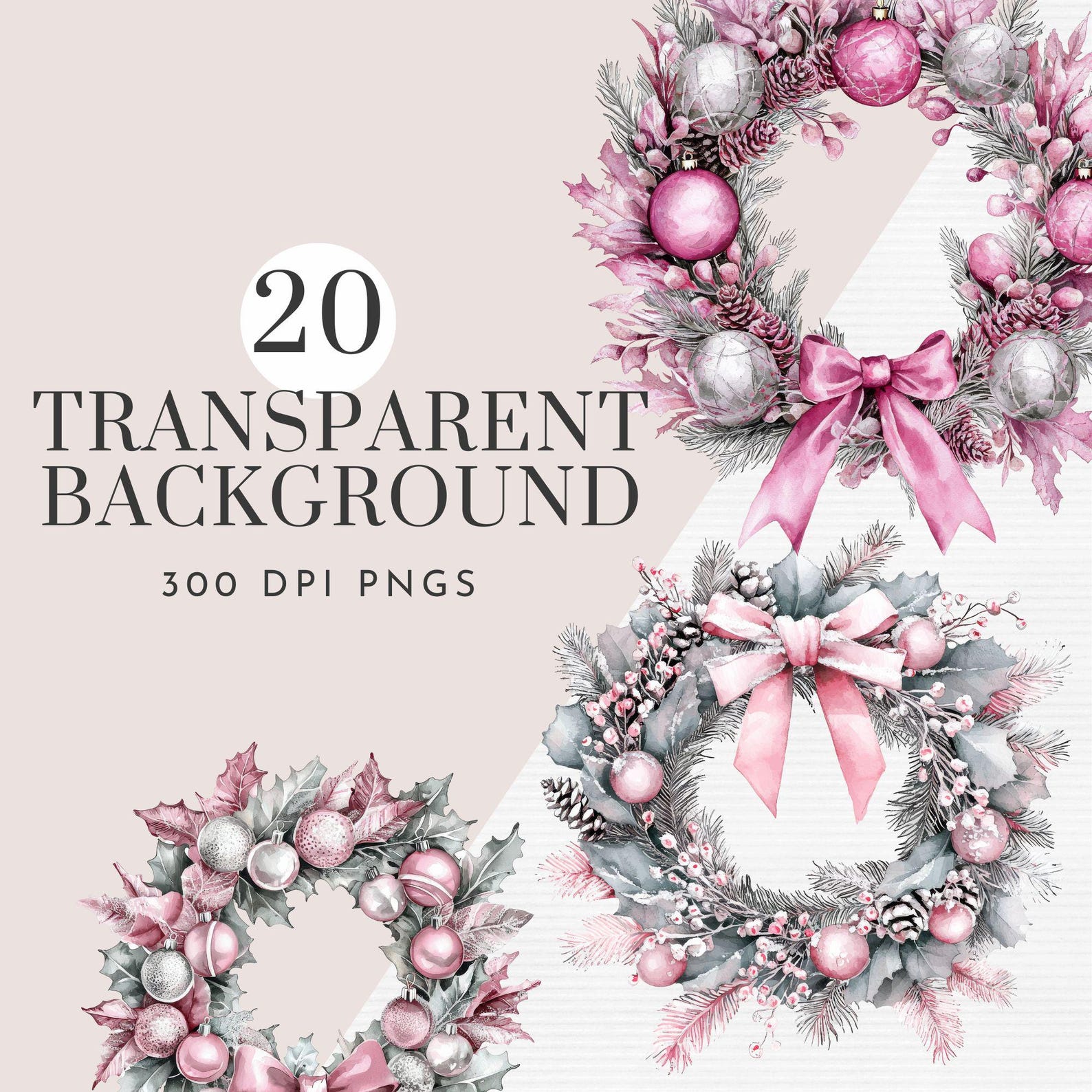 Preppy Pink Christmas Wreath Clipart, Coquette Pink Christmas PNG for ...