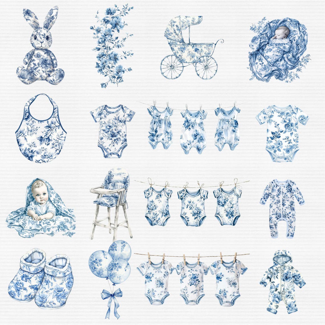 Toile Baby Shower Clipart, Baby Blue Toile Clipart, Toile De Jouy Baby ...