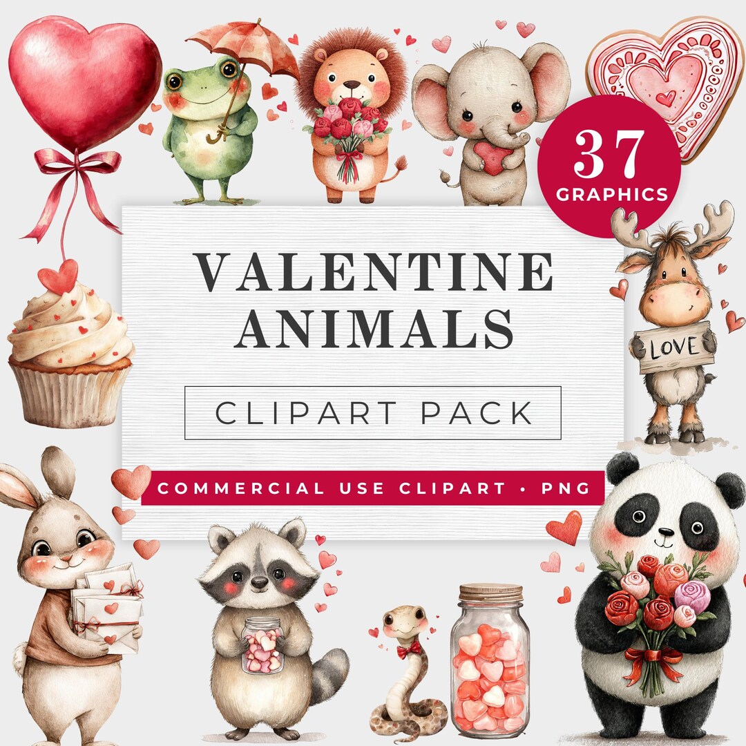 Whimsical Valentine Animals Clipart Set, Valentine's Day Cute Animal ...
