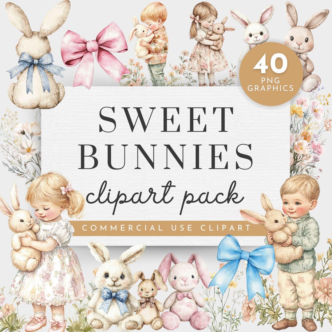 Stuffed Bunny Clipart, Bunny Butt Clipart, Watercolor Children Clipart ...