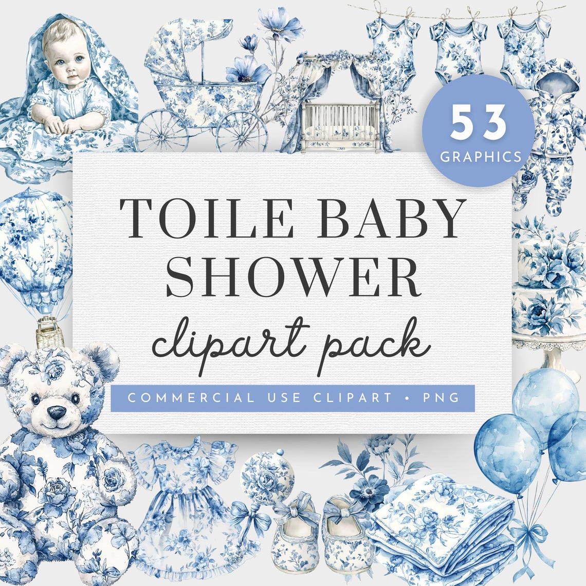 Toile Baby Shower Clipart, Baby Blue Toile Clipart, Toile De Jouy Baby ...