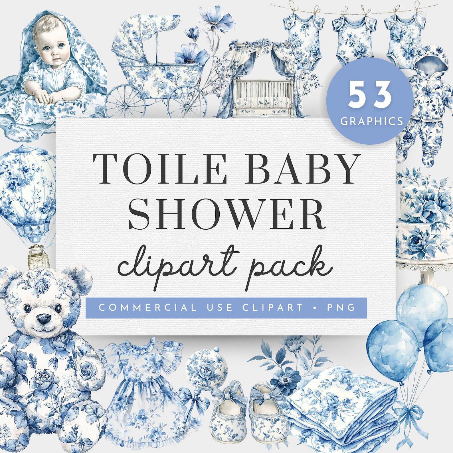 Toile Baby Shower Clipart, Baby Blue Toile Clipart, Toile De Jouy Baby ...