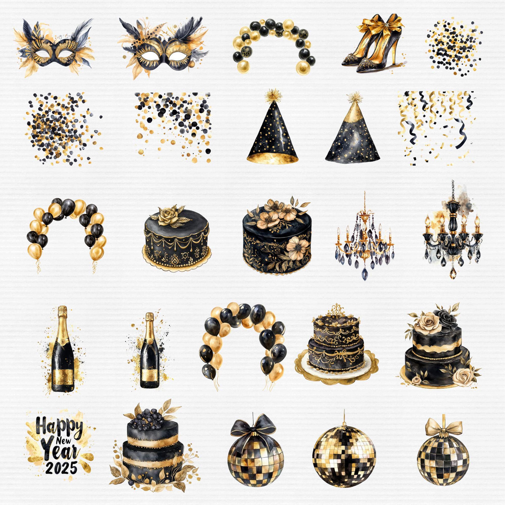 Happy New Year Clipart Black and Gold 2025, New Year's Eve Party Clip ...