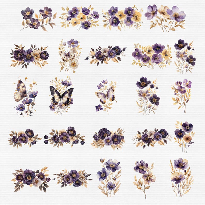 Dark Purple Flowers Clipart, Purple and Gold Florals for Commercial Use ...
