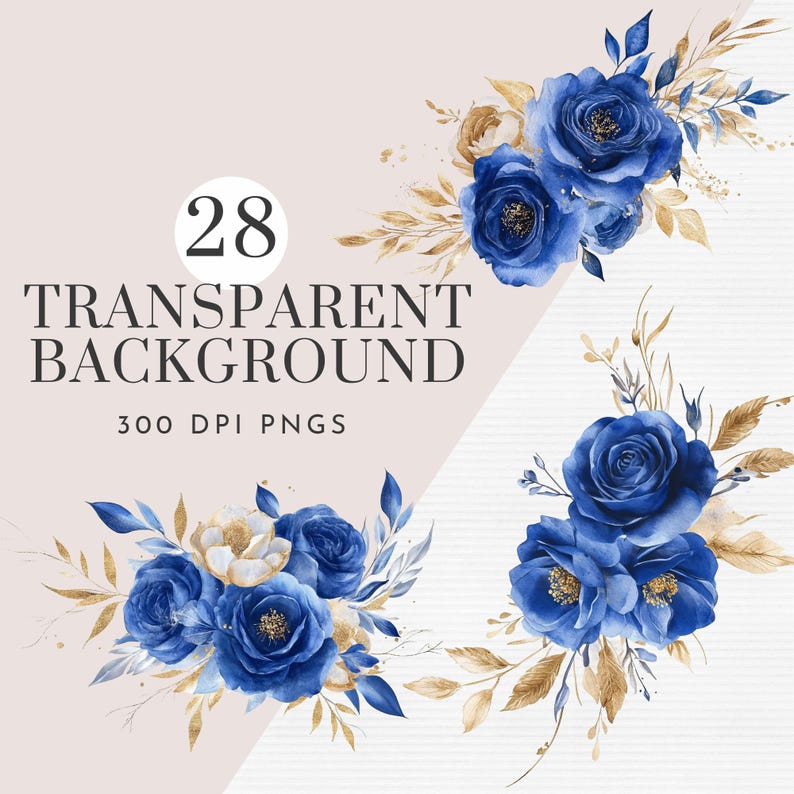 Royal Blue and Gold Roses Clipart, Royal Blue Roses PNG, Blue Gold ...