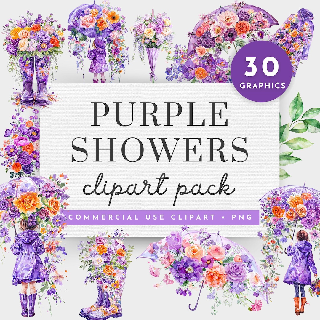 April Showers Baby Shower Clipart, Watercolor Floral Clipart Purple and ...