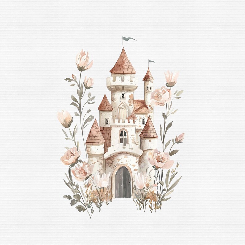 Magical Castle Floral PNG, Watercolor Pink Princess Clipart, Fairytale ...