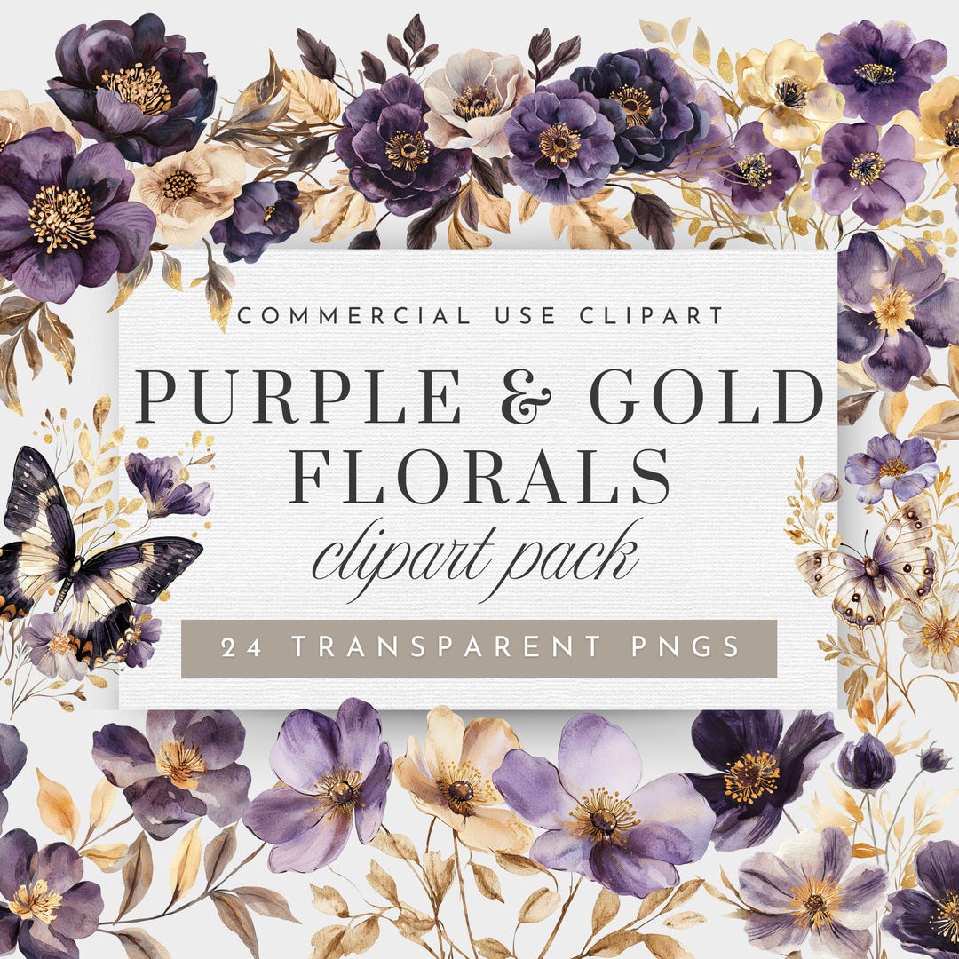 Dark Purple Flowers Clipart, Purple and Gold Florals for Commercial Use ...