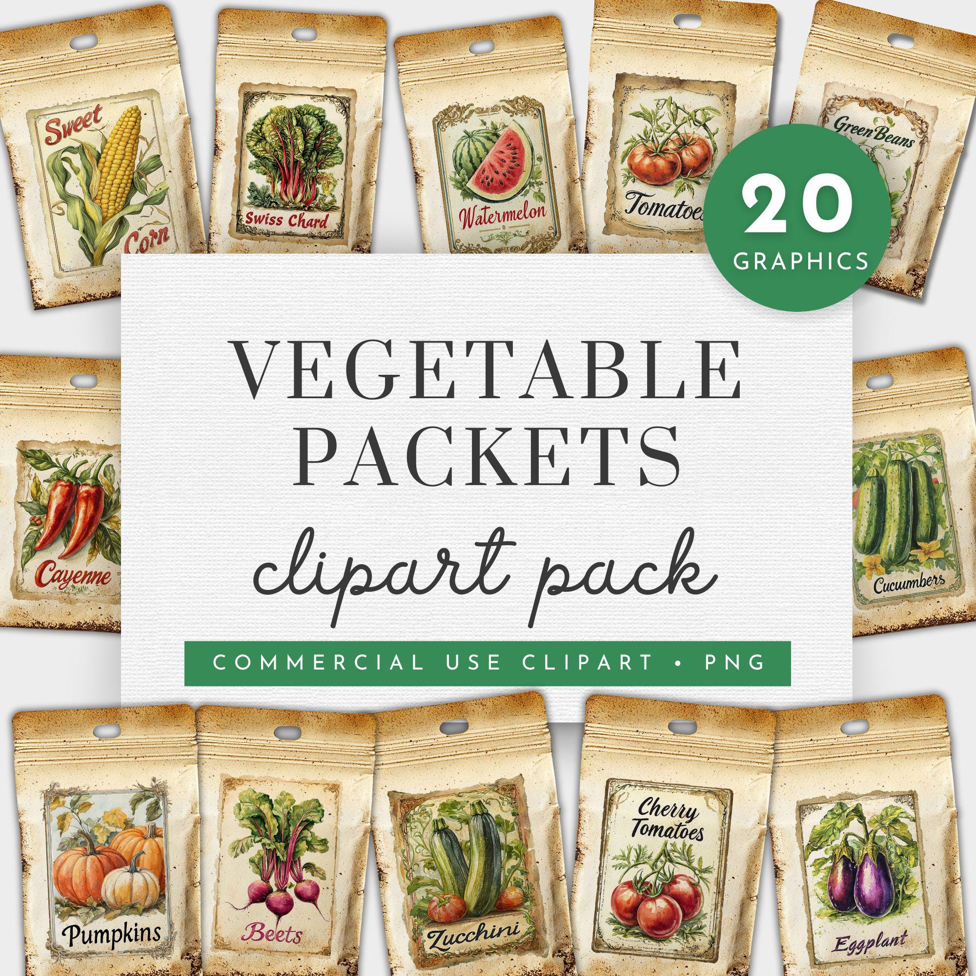 Vintage Seed Packet PNG, Watercolor Fruits and Vegetable Clipart ...