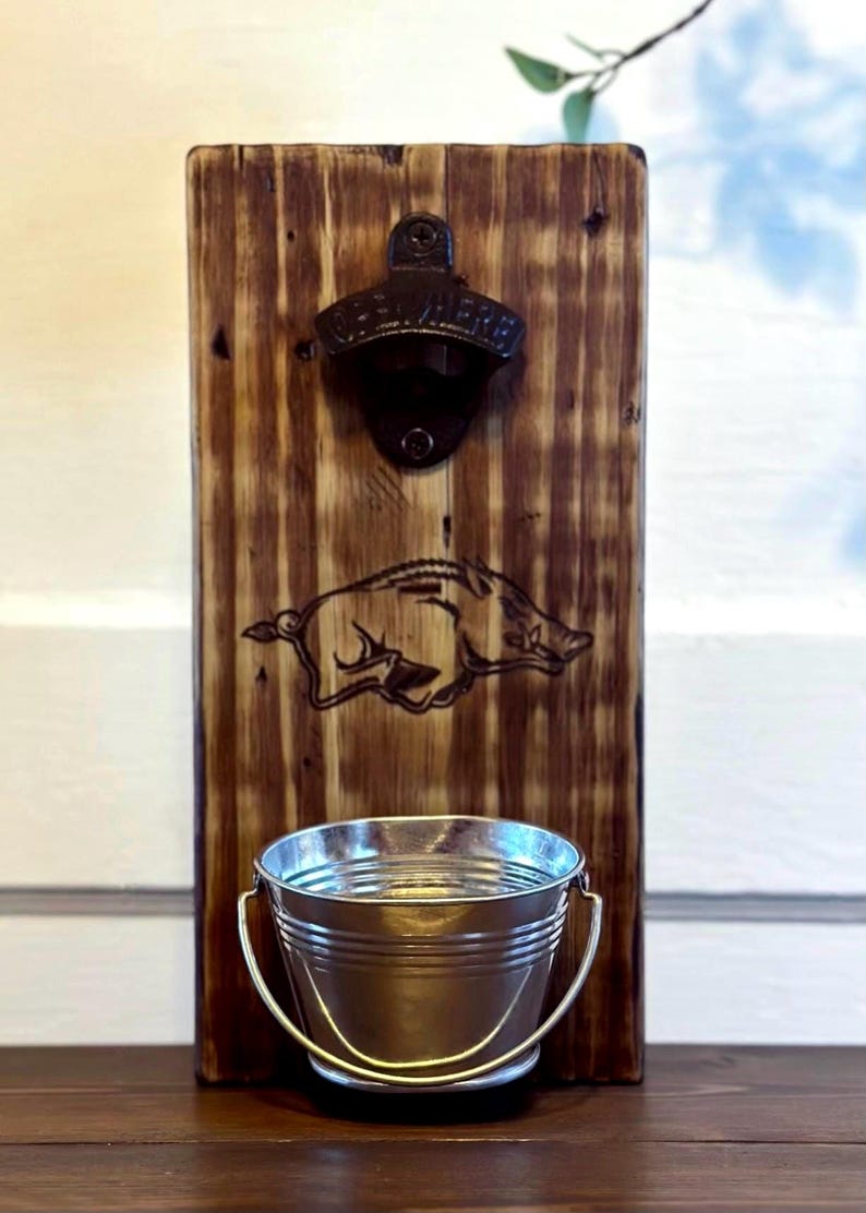 Arkansas Razorbacks Bottle Opener- Stained Wood Block With Wall Mount ...