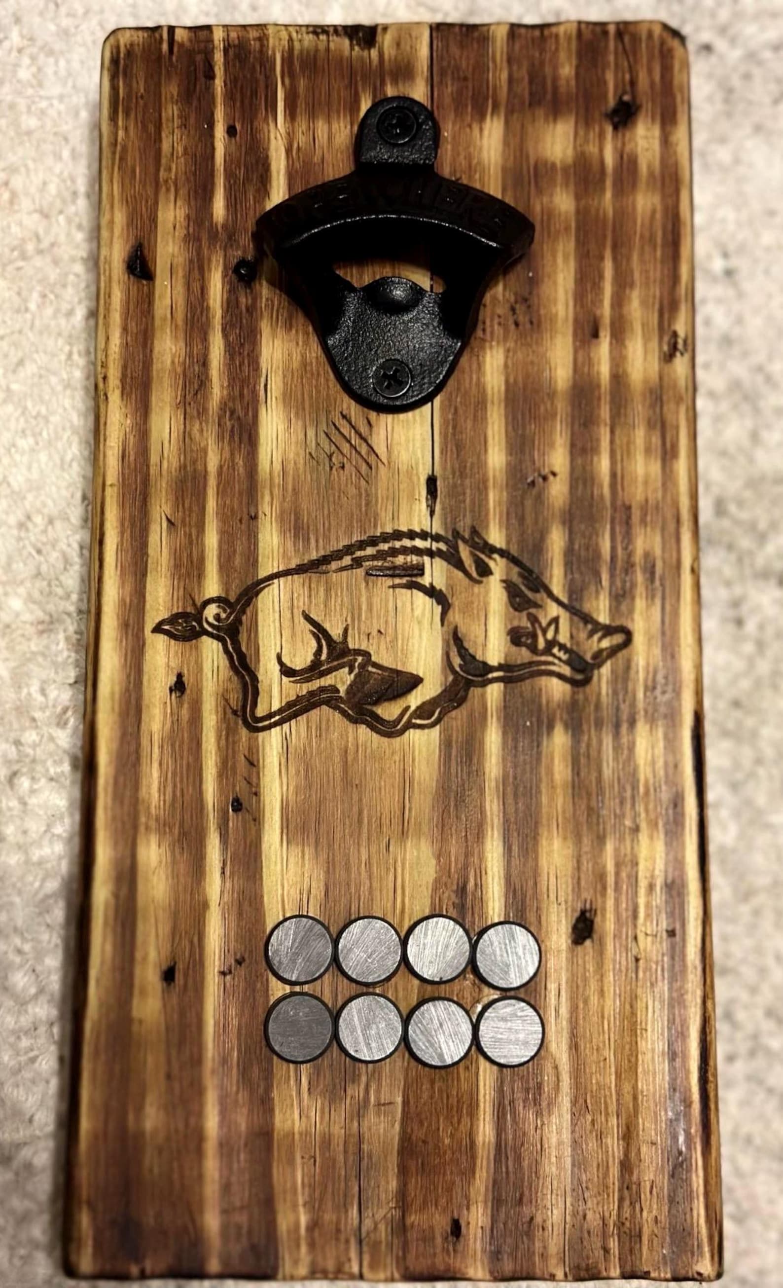 AR Razorbacks Wall Mounted Bottle Opener. Wood Block With Magnetic ...