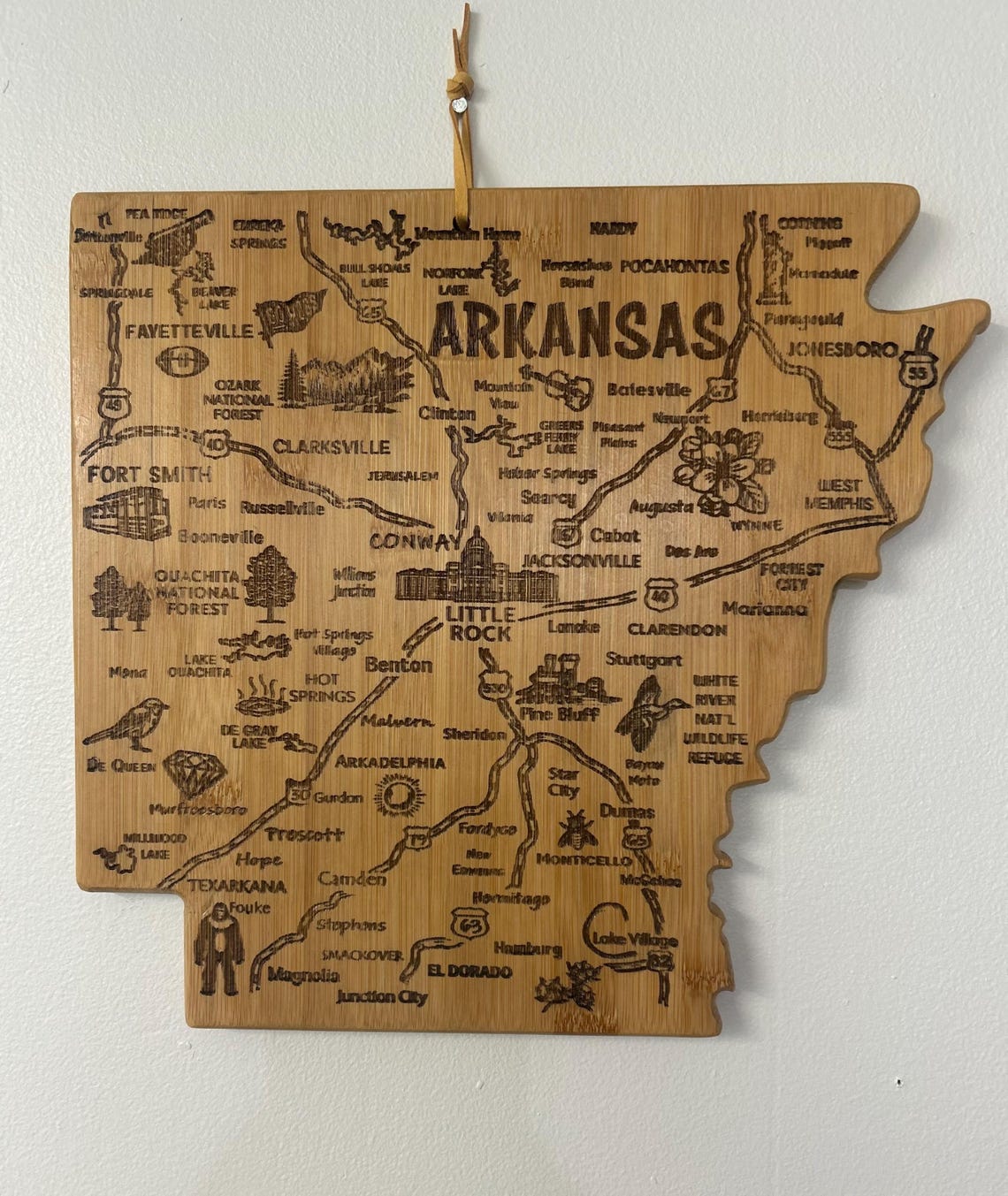 State of Arkansas Cities & Landmarks Wood Cutting Board- Design is ...
