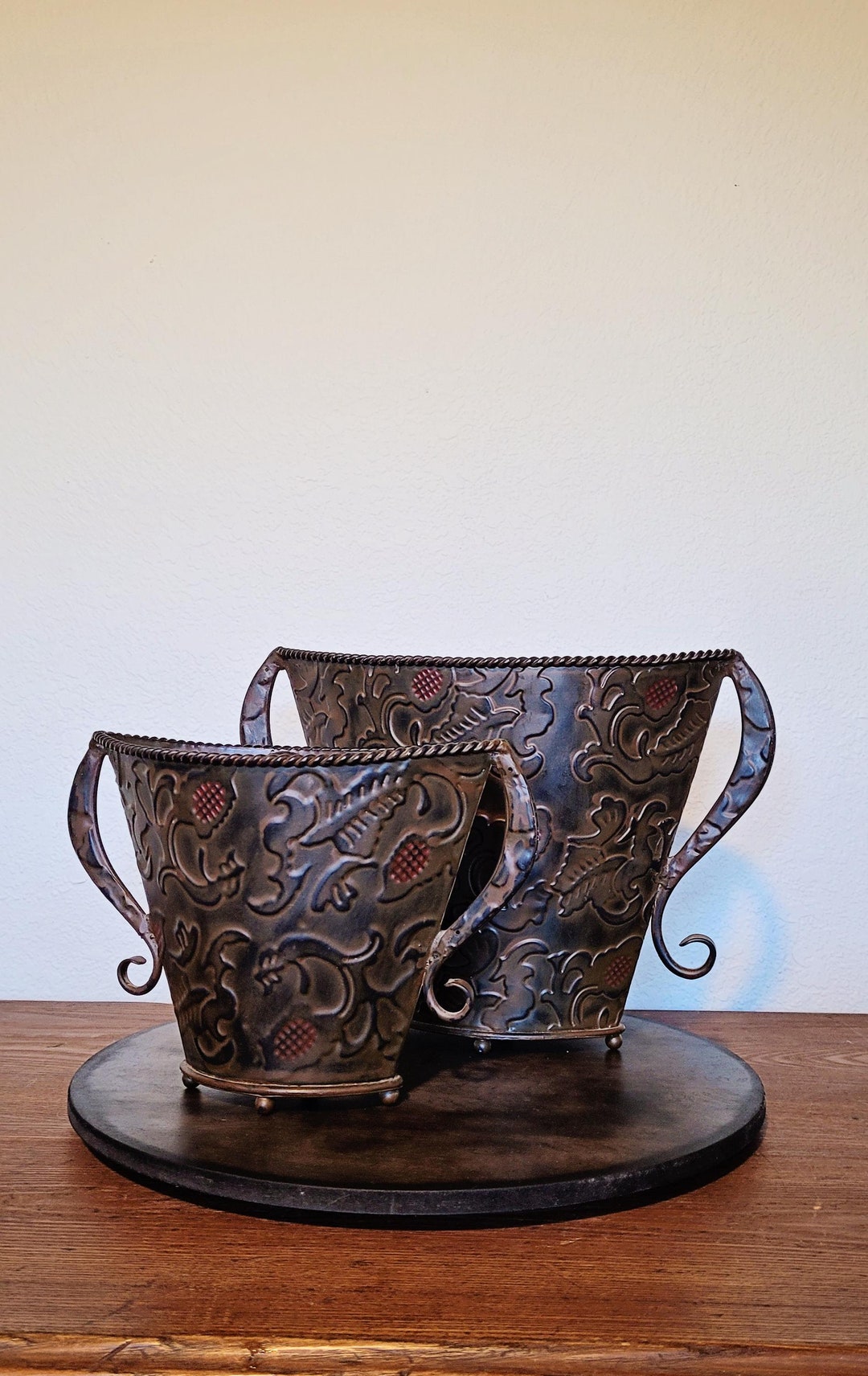 HOMCO Home Interior French Style Brown Embossed Metal Planter Buckets ...
