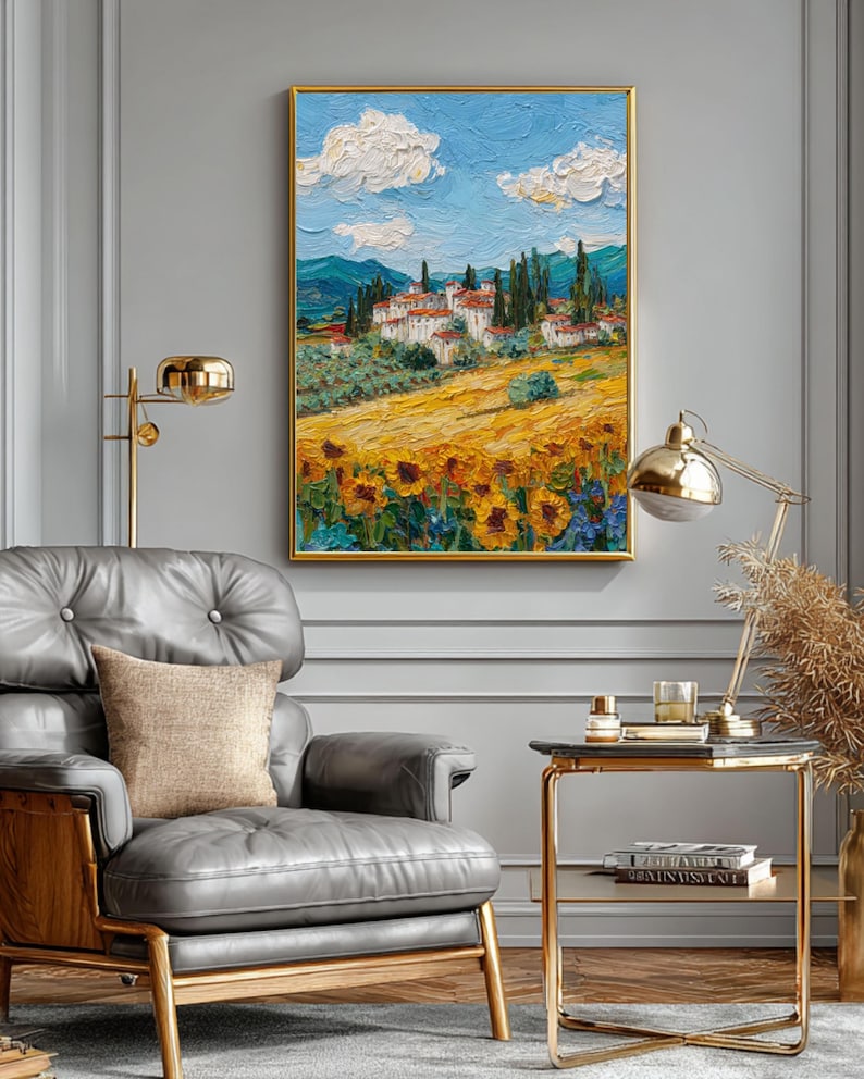 Van Gogh Style Sunflower Canvas Print, Tuscan Village Impasto Oil ...