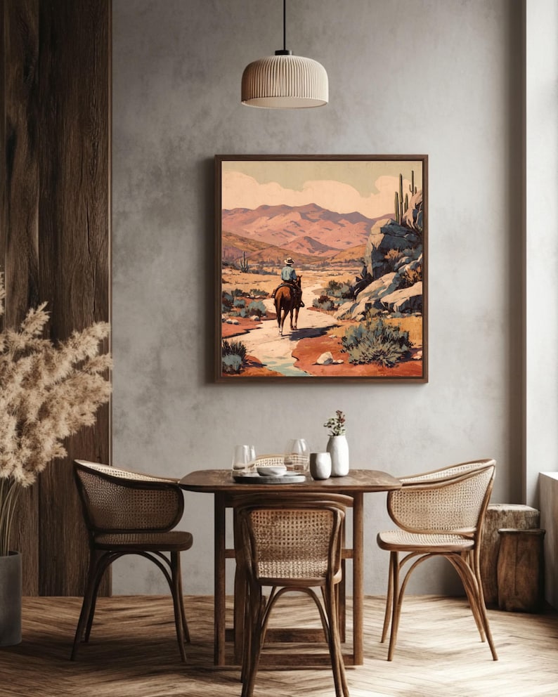 Vintage Lone Cowboy Desert Landscape Canvas Print, Western Horse Rider ...