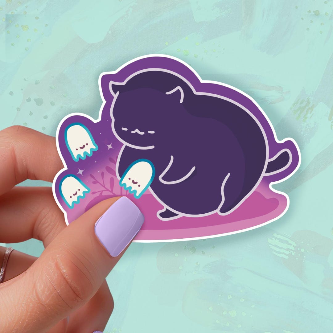 Kawaii Cat Catching Spirits Sticker – Cute Cat Sticker for Water Bottles & Notebooks, Durable ...