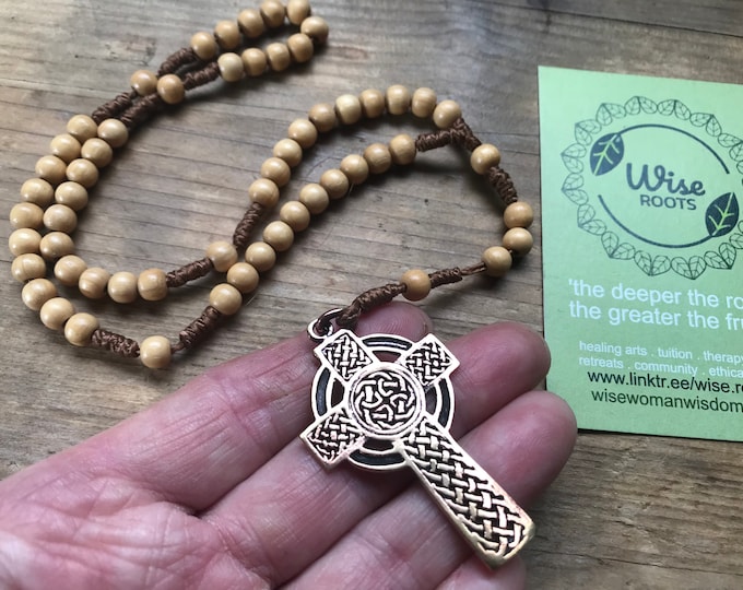 CELTIC CROSS ROSARY Olive Wood Solid Bronze Irish Christian Druid Pagan ...