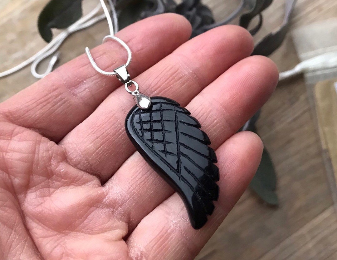 BLACK OBSIDIAN ANGEL Wing Pendant Archangel Guardian Protection of ...
