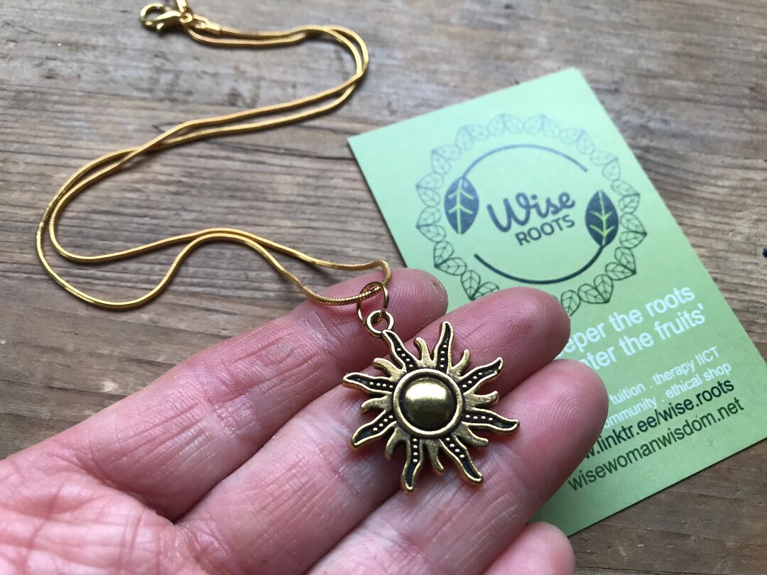 GOLD SUN PENDANT Solar Disc Rays Small Dangle Statement Charm Plated ...