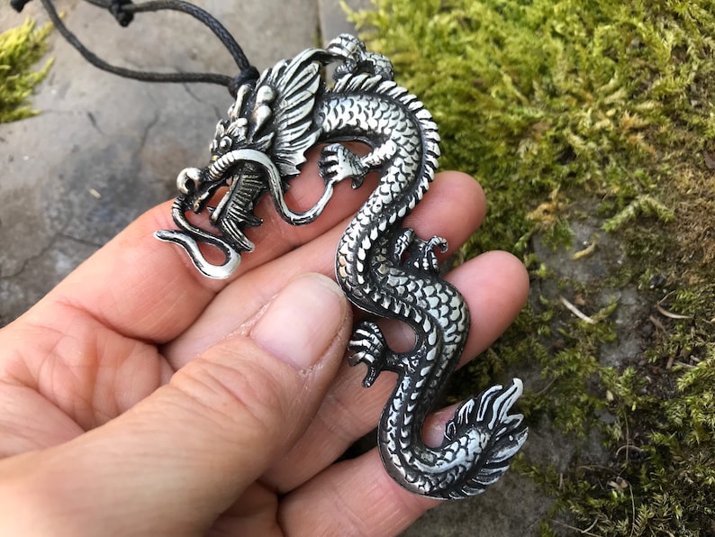 LARGE DRAGON PENDANT Silver Pewter Serpent Celtic Fantasy - Etsy