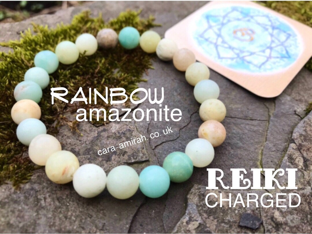 RAINBOW AMAZONITE BRACELET Mala 8mm Round Beads Natural Crystal Healing ...