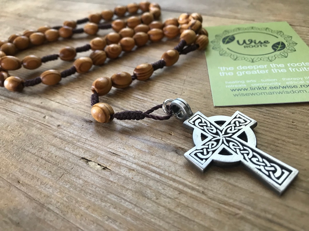 CELTIC CROSS ROSARY Large Wood Bead Long Neck Roaary Catholic Mens ...