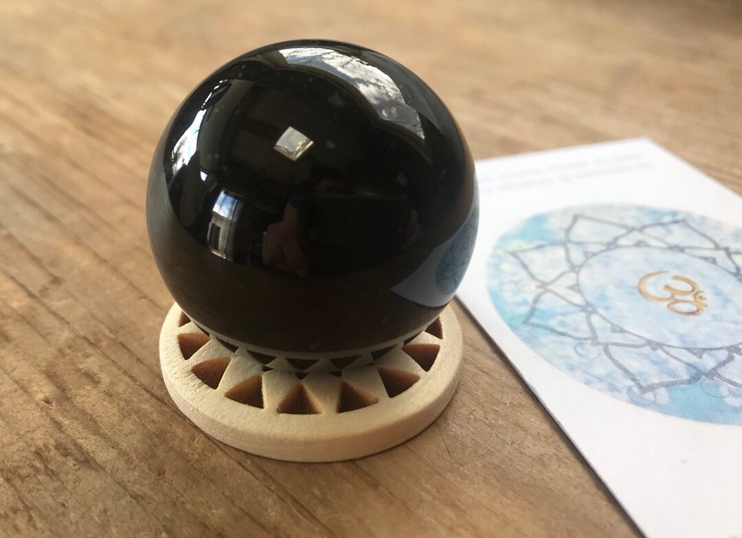 BLACK OBSIDIAN SCRYING Sphere With Wood Stand Set 35mm Opalite Carved ...