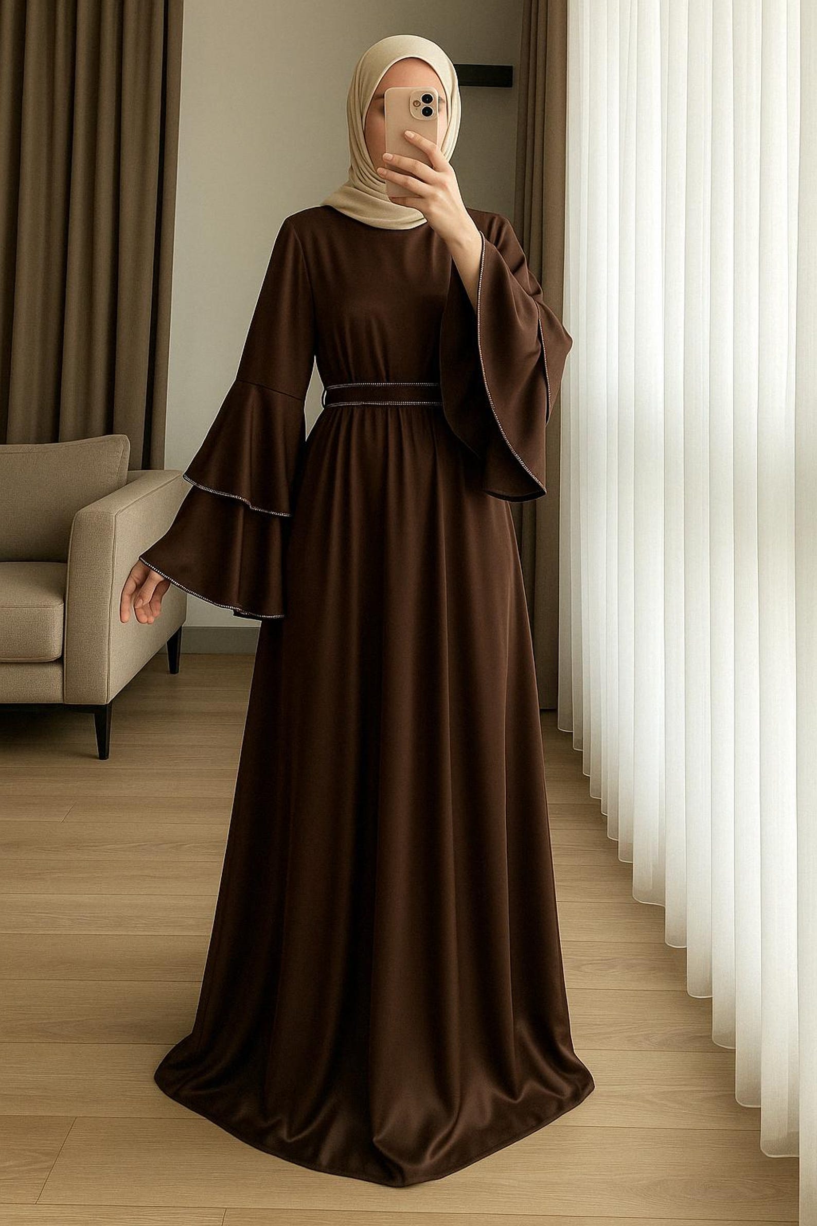 Modest Evening Dress, Beige Formal Dress, Modest Dress for Women, Satin ...