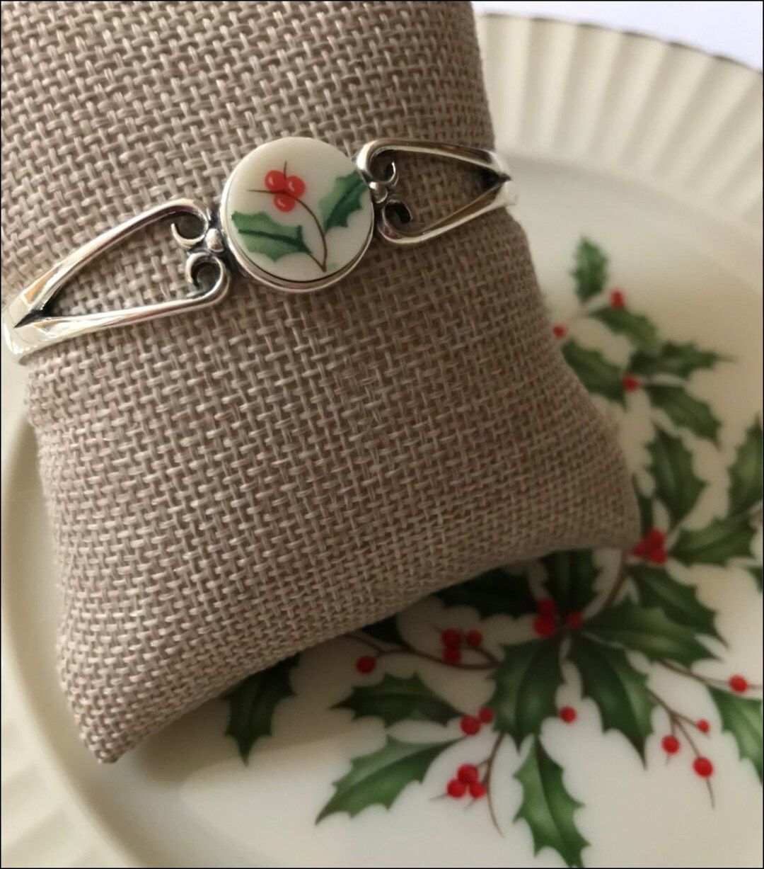 Lenox Holiday Holly Broken China Jewelry, Sterling Silver Cuff Bracelet ...