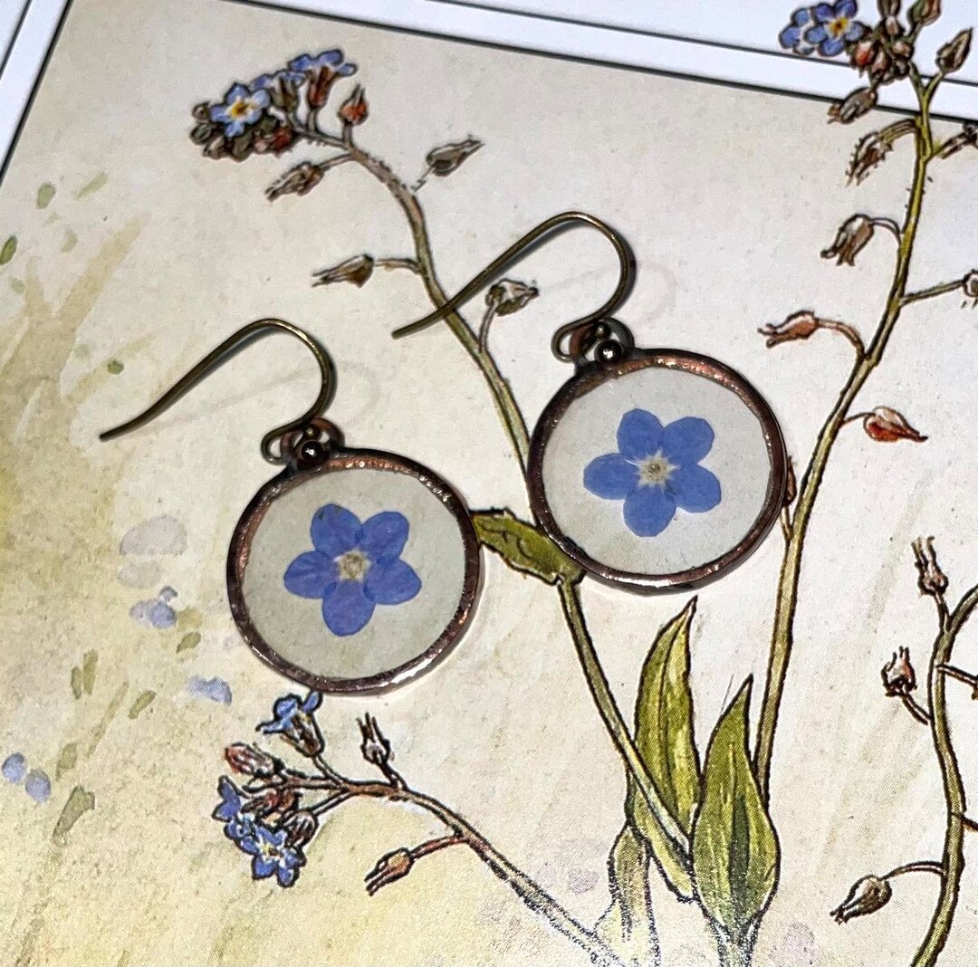 Sweet Forget Me Not, Pressed Flowers, Upcycled Glass and Brass Circle ...