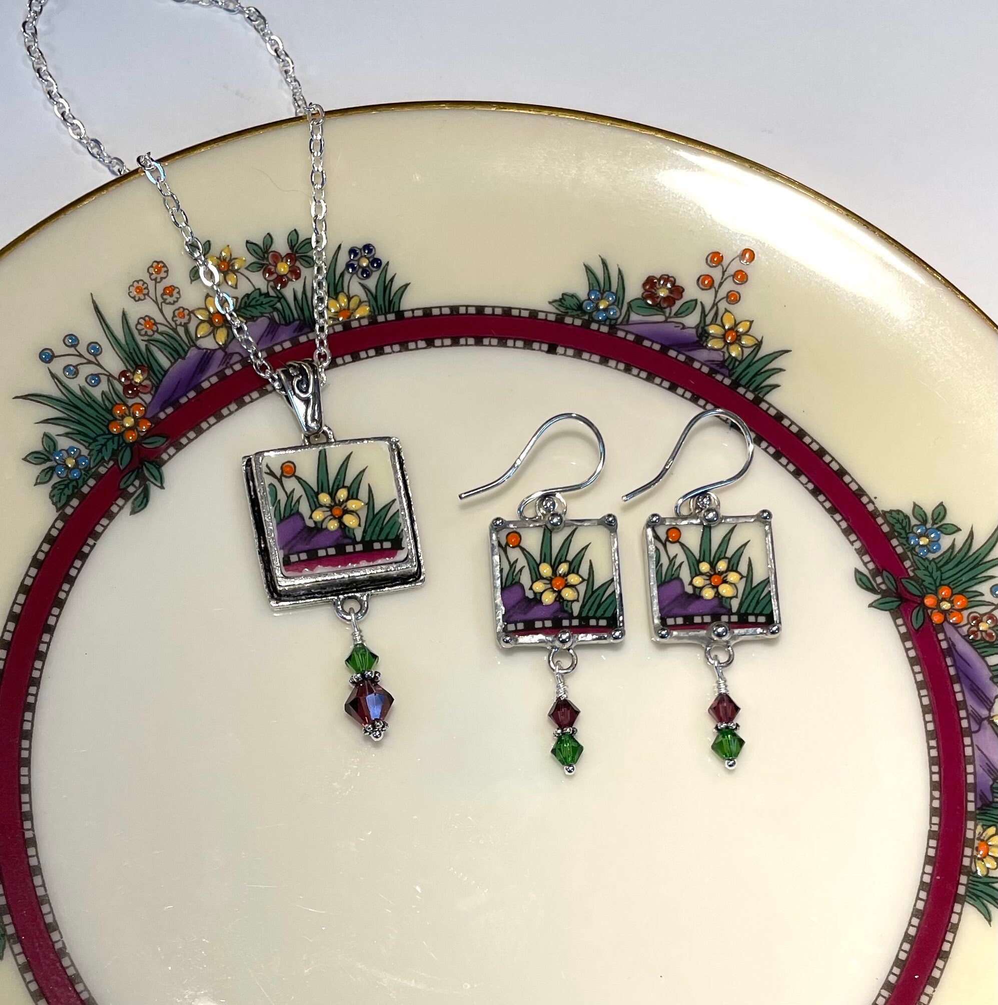 Broken China Jewelry, Lenox Rutledge Floral Square Pendant Necklace ...