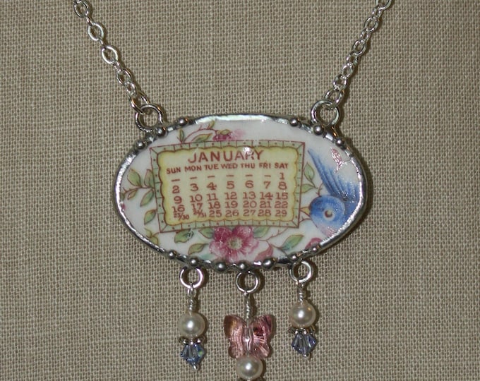 January 1921 Bluebird Calendar Plate Broken China Jewelry Necklace With ...