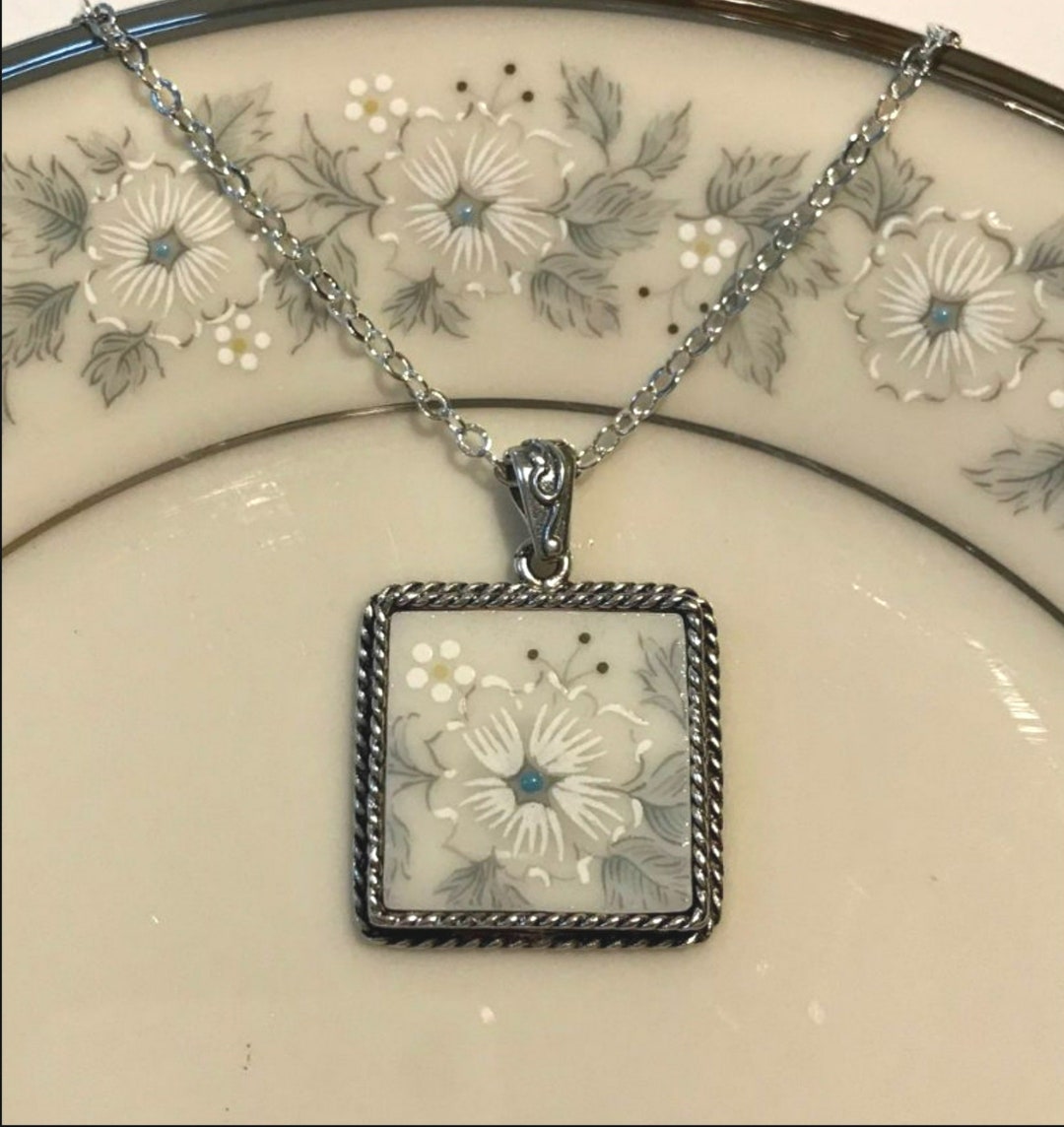 Broken China Jewelry, Handcrafted Lenox Windsong, Ornate Square Pendant ...