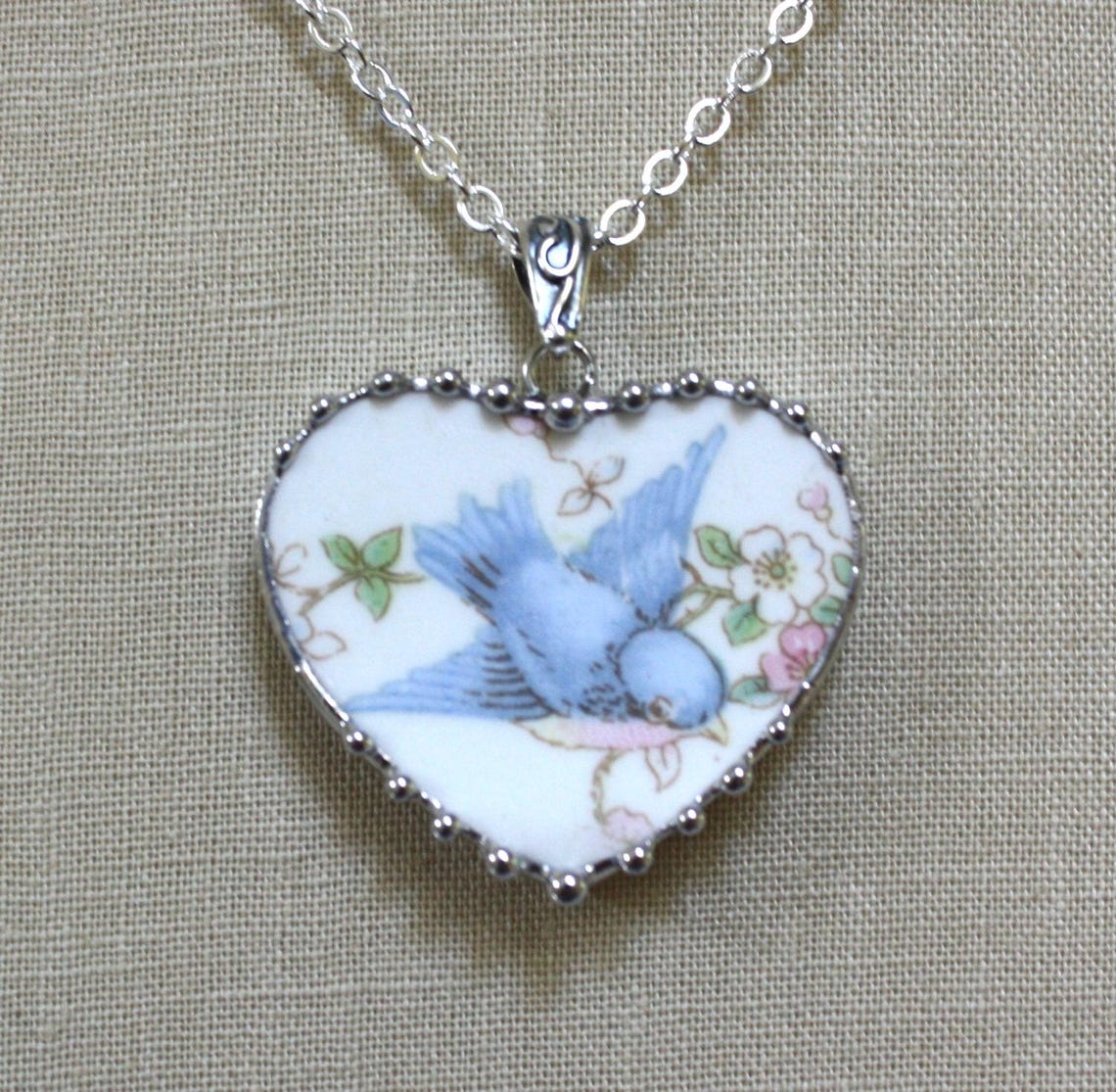 Broken China Jewelry Vintage Bluebird Bird Large Heart Pendant Necklace ...
