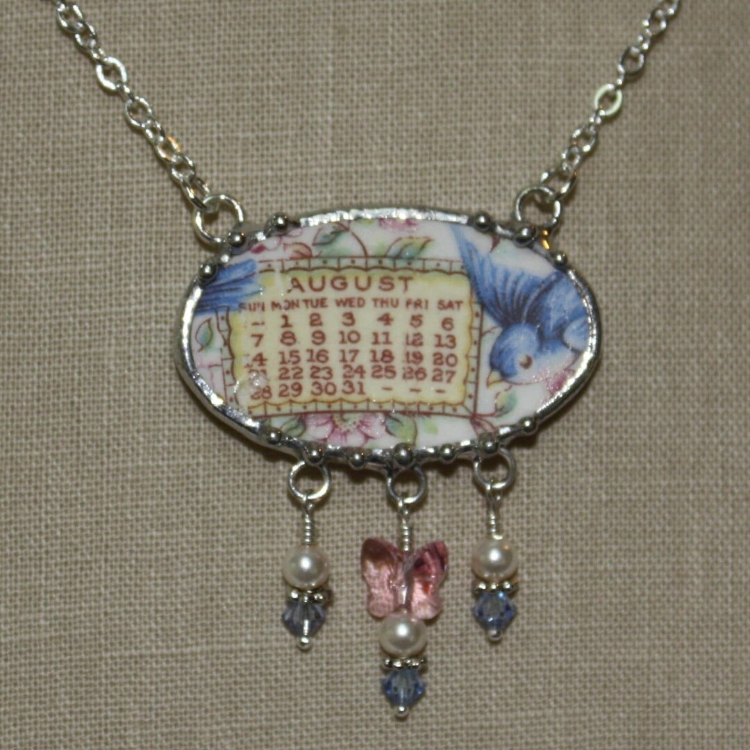 August 1921 Bluebird Calendar Plate Broken China Jewelry Necklace With ...