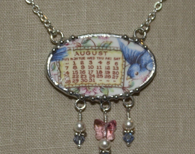 August 1921 Bluebird Calendar Plate Broken China Jewelry Necklace With ...
