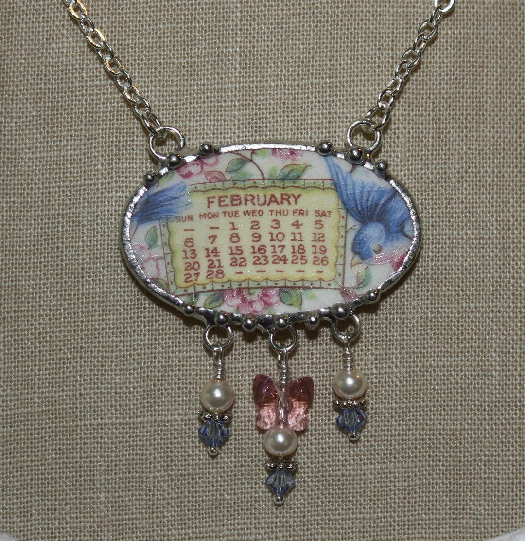 February 1921 Bluebird Calendar Plate Broken China Jewelry Necklace ...