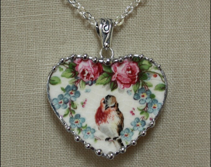 Broken China Jewelry Robin and Roses Mt. Clemens Heart Pendant Necklace ...